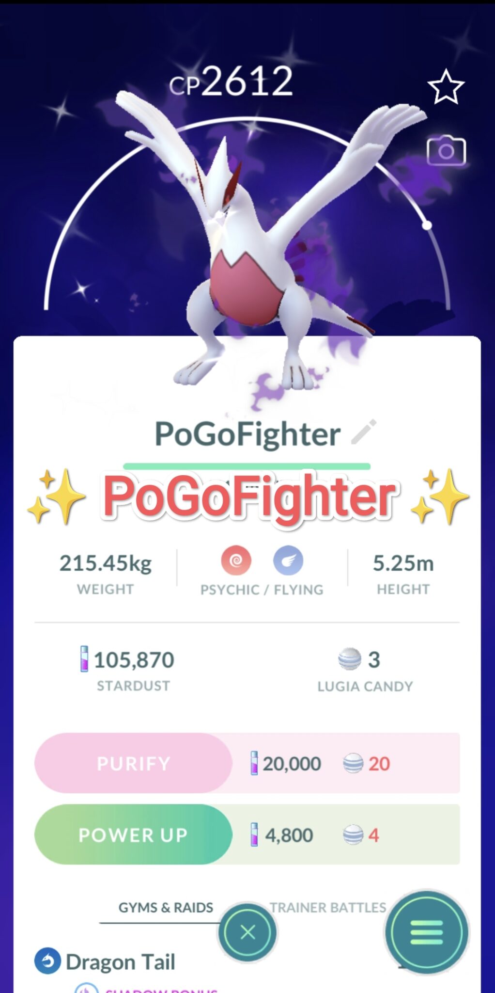 Pokémon GO Shiny Shadow Lugia - Mini Account (Read Describe) - PoGoFighter